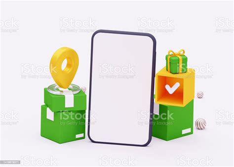 온라인 Delyvery 소포 휴대 전화와 3d 상자 흰색 배경과 녹색 상자가있는 휴대 전화의 모형 최소한의 녹색과 노란색 색상 3d 렌더링 그림 3차원 형태에 대한 스톡