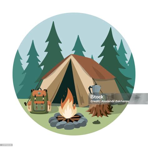 캠핑 그림 여름 숲 구성 캠프 파이어 텐트 배낭 벡터 일러스트 레이 션 개념에 대한 스톡 벡터 아트 및 기타 이미지 개념 개체 그룹 관광 Istock