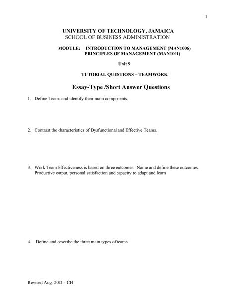 Itm Unit 9 Tutorial Sheet University Of Technology Jamaica School Of Business Administration