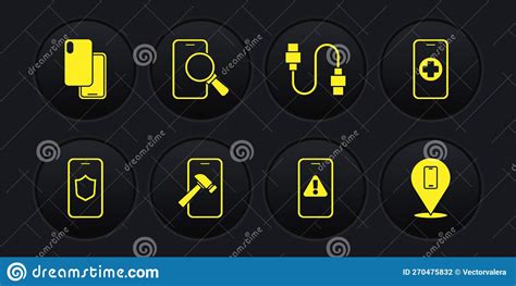 Set Mobile With Shield Phone Repair Service Broken Screen Exclamation Mark Usb Cable Cord