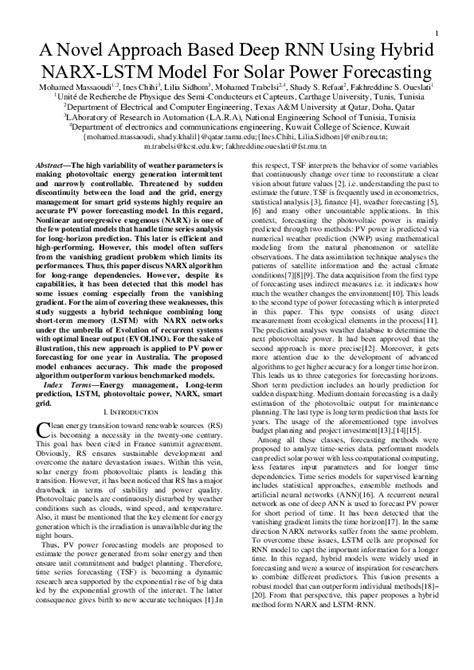 Pdf A Novel Approach Based Deep Rnn Using Hybrid Narx Lstm Model For Solar Power Forecasting