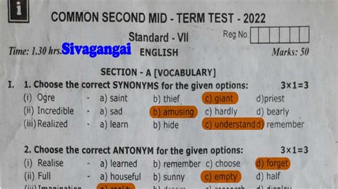 7th Std English Second Midterm Question Paper And Answer Key Download