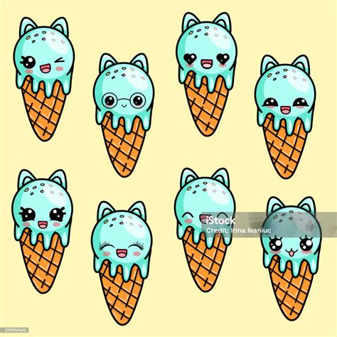 귀와 귀여운 얼굴을 가진 카와이 스타일의 재미있는 아이스크림 큰 세트 다양한 캐릭터 감정 벡터 일러스트 레이 션 가공의 인물에 대한 스톡 벡터 아트 및 기타 이미지 Istock