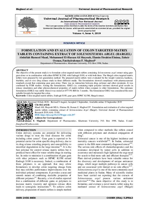 Pdf Formulation And Evaluation Of Colon Targeted Matrix Tablets Containing Extract Of