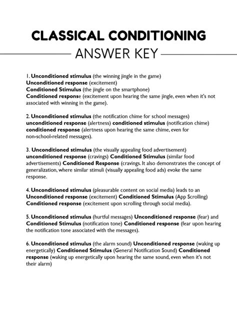 Answer Key Classical Conditioning Practice Pdf Classical