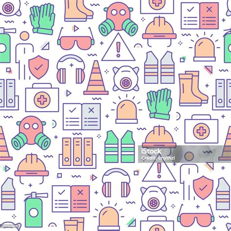 트렌디한 선형 스타일의 작업 안전을 위한 설계 템플릿 및 요소 벡터 세트 작업 안전과 관련된 선형 아이콘이 있는 원활한 패턴
