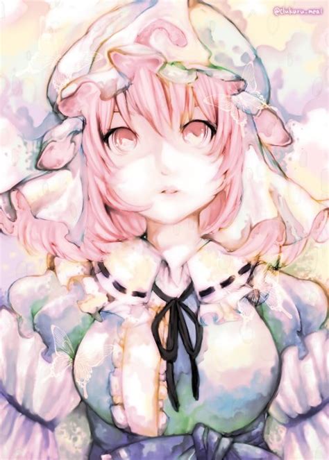 Clumeal Saigyouji Yuyuko Touhou 1girl Black Ribbon Blue Hat Blue