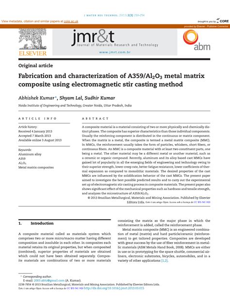 Fabrication And Characterization Of A359 Al2o3 Metal Matrix Composite Using Electromagnetic Stir