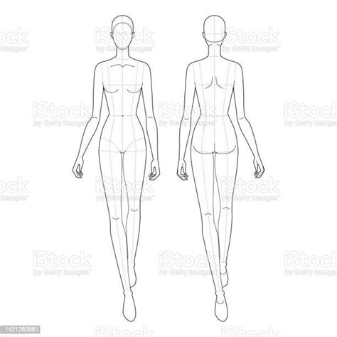 워킹 여성 패션 템플릿 9 아홉 머리 크기의 여성 기술 도면을위한 메인 라인 레이디 피겨 앞 뒤보기 패션 스케치 및 일러스트레이션을위한 벡터 고립 된 윤곽선 스케치 소녀