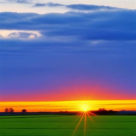 무료 사진 푸른 들판 위로 일몰 시 생생한 태양 광선이 있는 하늘의 진한 파란색 구름 그래픽