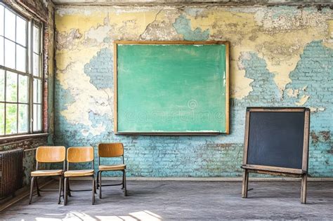 Vintage Classroom Interior With Wooden Chairs And Chalkboard On Textured Wall Stock Illustration