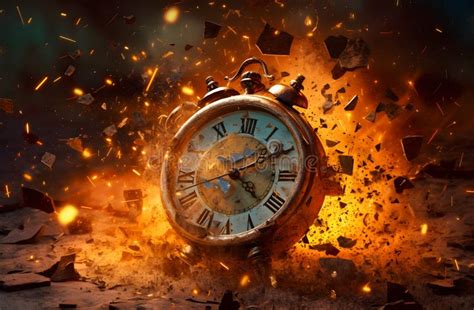Exploding Big Clock In The Dark Broken And Lost Time Concept Realistic Design Illustration