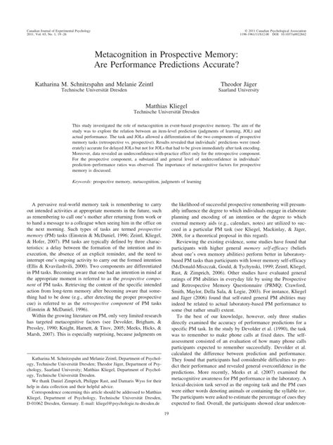 Pdf Metacognition In Prospective Memory Are Performance Predictions Accurate