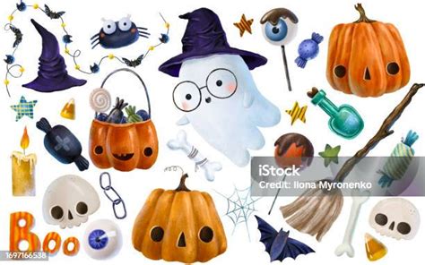 휴일 할로윈 디자인 요소 세트입니다 할로윈 격리 요소로 설정합니다 호박 마녀의 가마솥 사탕 유령 사탕 눈 두개골 손으로 그린 그림입니다 10월에 대한 스톡 벡터 아트 및