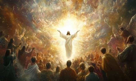 Jesus Christ Ascending To Heaven Surrounded By A Multitude Of