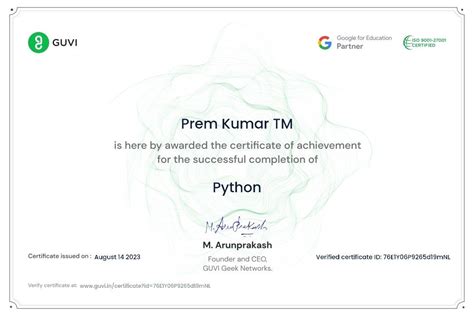 Prem Kumar On Linkedin Pythoncertification Guvi Codingskills