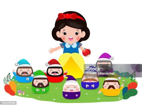 백설 공주와 일곱 난쟁이 흰색 배경에 고립 된 백설 공주 공주와 난쟁이와 마녀 벡터 일러스트 드워프 설화에 대한 스톡 벡터 아트