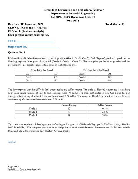 OR Quiz 1 LP Modeling In Operations Research Page 1 Of 4 University Of Engineering And