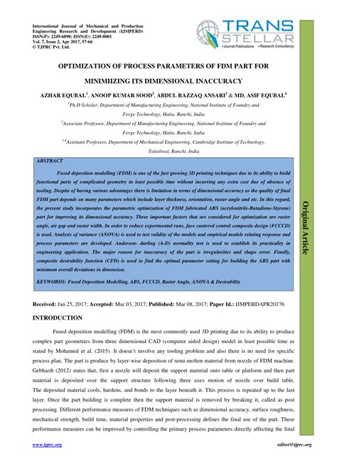 Pdf Optimization Of Process Parameters Of Fdm Part For Minimiizing