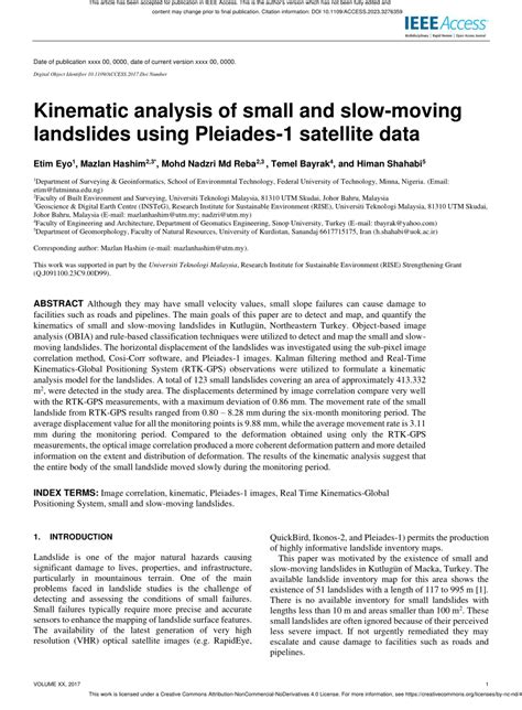 Pdf Kinematic Analysis Of Small And Slow Moving Landslides Using Pleiades 1 Satellite Data