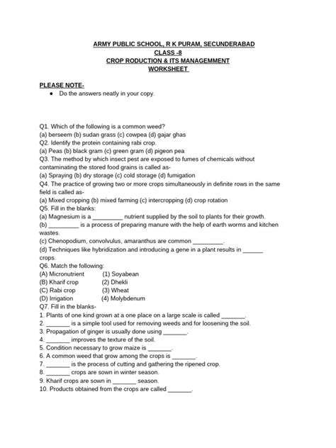 Crop Production Worksheet Pdf Agriculture Fertilizer