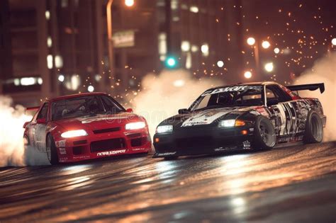 Two Drifting Cars On A Wet Urban Street At Night Creating Smoke And
