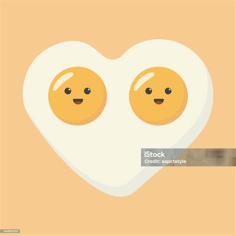 노란색 배경에 격리된 하트 모양의 계란 후라이 벡터 삽화의 귀여운 만화 캐릭터 디자인 행복 한 귀여운 웃는 재미 있는 Kawaii 계란 후라이 계란 노른자에 대한 스톡 벡터