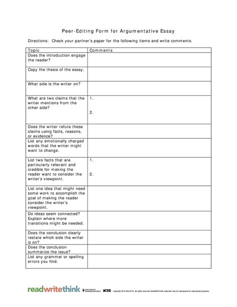 Peer Editing Argumentative Essay Peer Editing Form For Argumentative