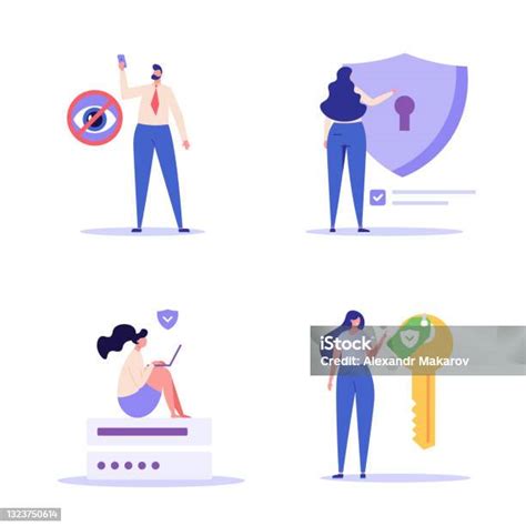 데이터 보호 문자 집합입니다 좋은 안전한 암호로 개인 데이터 파일을 보호하는 사람들 데이터 보안 스파이 방지 정보 보호 의 개념 웹용 플랫 디자인의 벡터 일러스트레이션