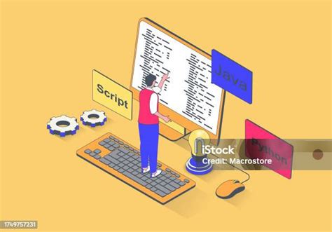 konsep pemrograman dalam desain isometrik 3d manusia bekerja dengan kode pengkodean bahasa
