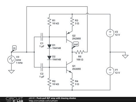 Push Pull Bjt Amp With Biasing Diodes Circuitlab