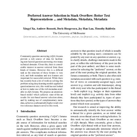 Preferred Answer Selection In Stack Overflow Better Text Representations And Metadata