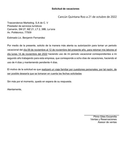 Formato Carta Solicitud De Vacaciones Doc Mary Kendrick Ejemplo De My