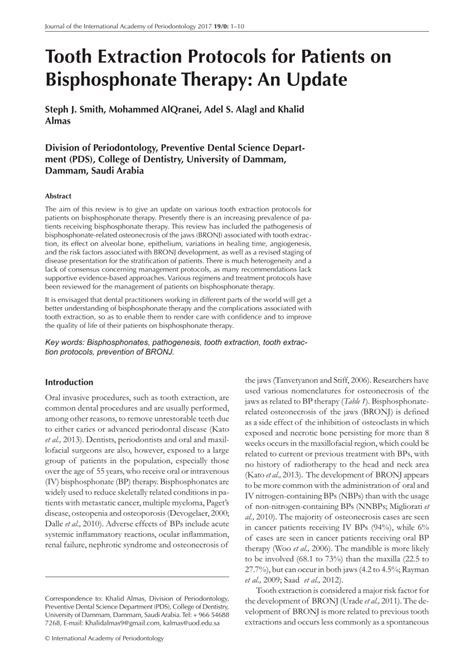 Pdf Tooth Extraction Protocols For Patients On Bisphosphonate Therapy An Update