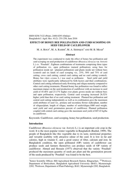Pdf Effect Of Honey Bee Pollination And Curd Scooping On Seed Yield Of Cauliflower