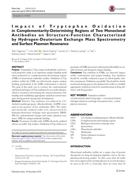Pdf Impact Of Tryptophan Oxidation In Complementarity Determining