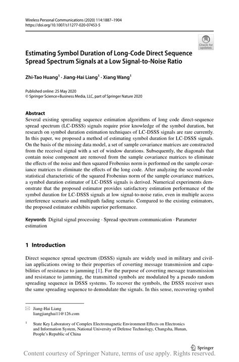 Estimating Symbol Duration Of Long Code Direct Sequence Spread Spectrum Signals At A Low Signal