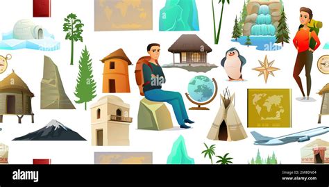 World Geography Items Seamless Pattern Cartoon Style Travel Items And