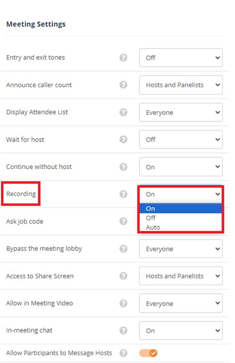 Set Your Recording Option To On Default Off Or Auto