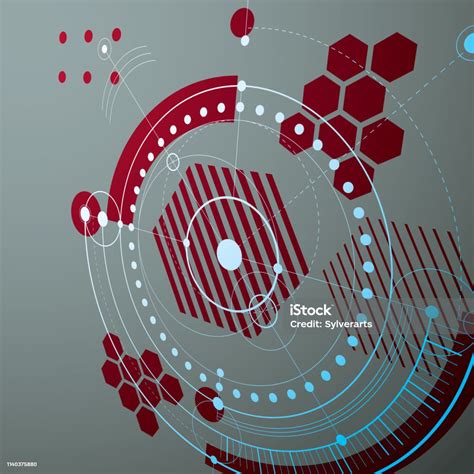 바우하우스 예술 관점 모듈 형 벡터 벽지 원과 선을 사용 하 여 만든 레트로 스타일 빨간 패턴 소책자 표지 템플릿으로 사용 하기 위한 그래픽 배경 공학 시스템의 그림입니다