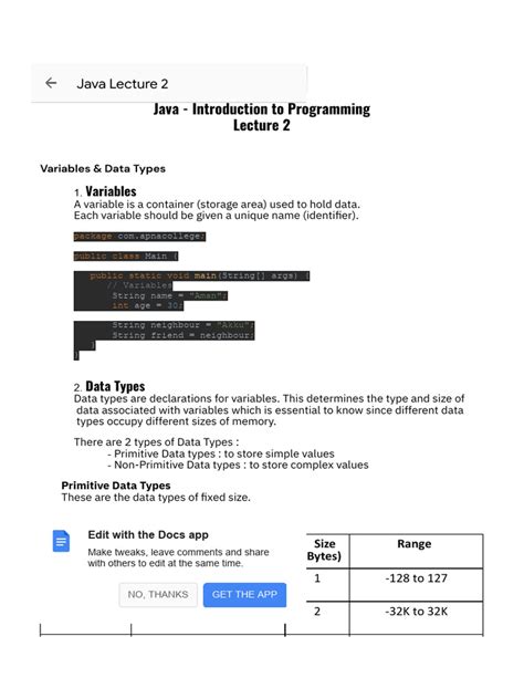Java Lecture 2 Pdf Data Type Integer Computer Science