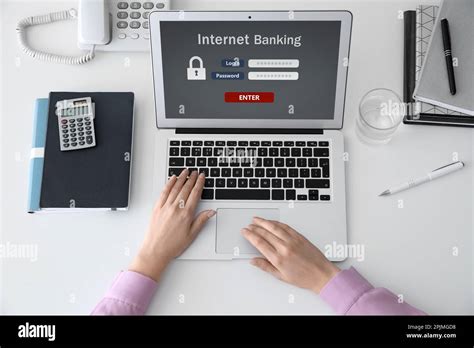 Woman Using Online Banking Application On Laptop At White Table Top View Stock Photo Alamy