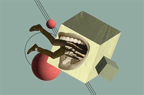 창조적 인 사진 포스터 경향 미술 콜라주 이미지 얼굴이없는 입 먹다 남자 신체 입방체 그림 괴짜 따돌림 압력 증오 범죄자 3차원 형태에 대한 스톡 사진 및 기타 이미지