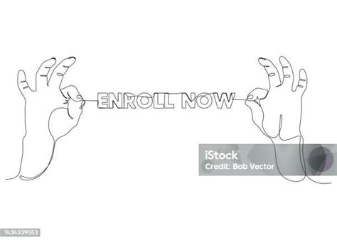 지금 등록 단어와 함께 문자열을 들고 두 손의 연속 한 줄 씬 라인 일러스트 레이 션 벡터 개념 윤곽선 그리기 창조적 인 아이디어 등록에 대한 스톡 벡터 아트 및 기타