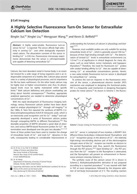 Pdf Highly Selective Fluorescence Turn On Sensor For Extracellular Ca2 Detection