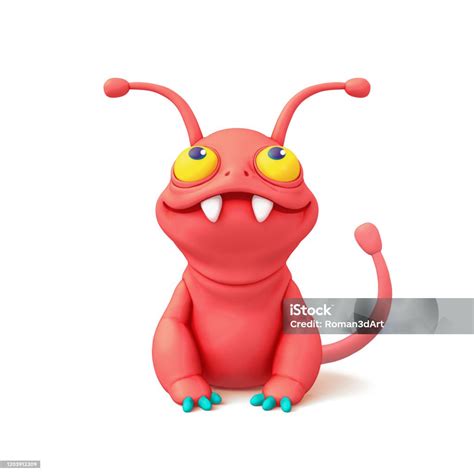흰색 배경에 앉아 귀여운 작은 만화 빨간 괴물의 3d 디지털 그림 3차원 형태에 대한 스톡 사진 및 기타 이미지 3차원 형태