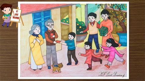 Vẽ Tranh đề Tài Gia đình Chúc Tết ông Bà Vẽ Tranh Ngày Tết Vẽ