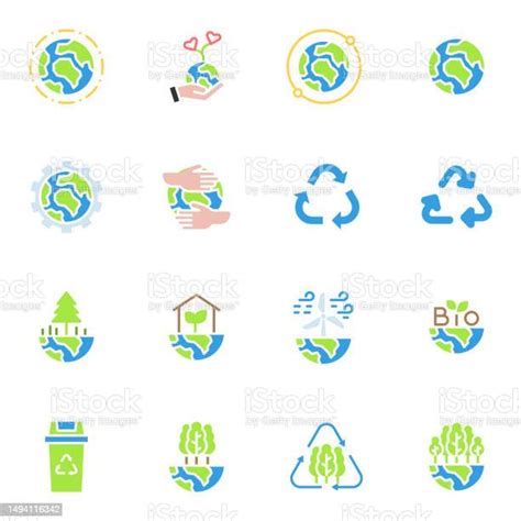 세계 환경의 날 아이콘 세트입니다 자연 재생 가능 에너지 아이콘 친환경 지구의 날 생태 개요 벡터 아이콘 그림 기호 환경 에너지 절약 에코 0명에 대한 스톡 벡터 아트 및