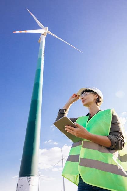 Premium Photo Woman Working On Tablet Controlling Functioning Of Wind Turbines