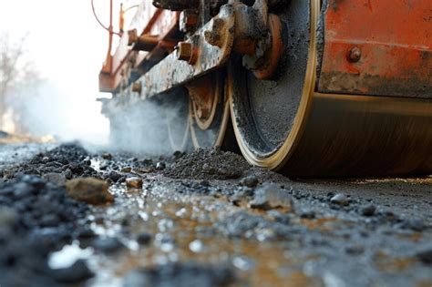 Steamroller On Asphalt Road Construction Crew Building Smooth Driveway
